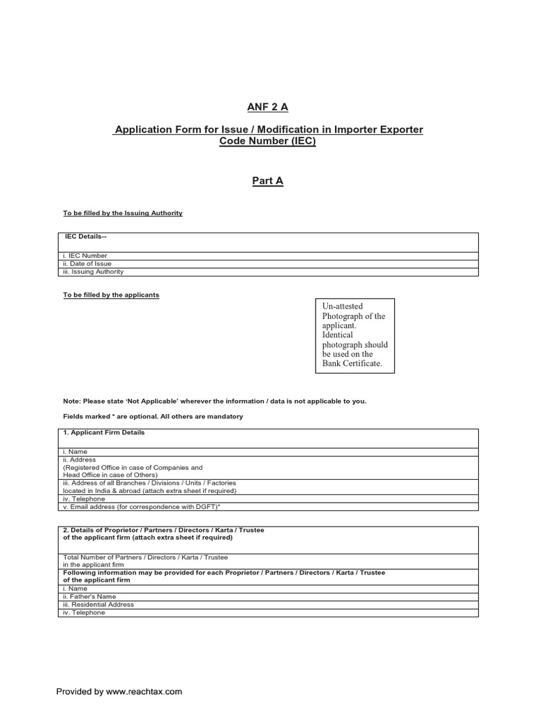 Anf 2 A Application Form For Issue / Modification in Importer Exporter ...