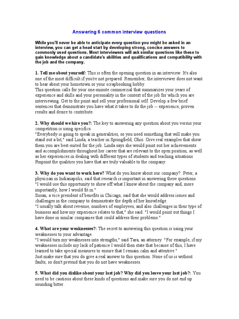 Answering 6 Common Interview Questions | PDF | Psychological Concepts ...