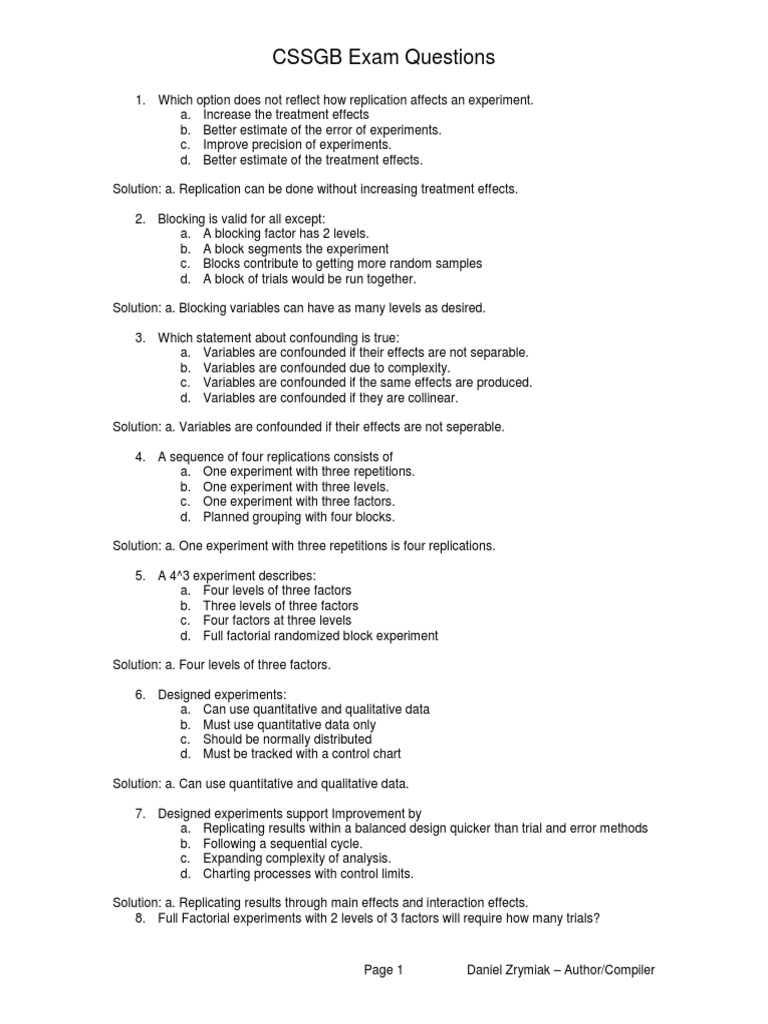 CSSGB Additional Questions I | PDF | Design Of Experiments | Experiment