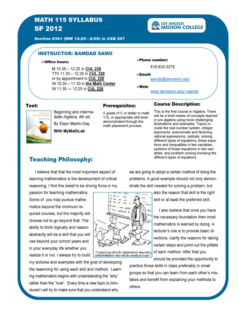 SYLLABUS For Math 115 Spring 2012 After | PDF | Textbook | Teaching ...