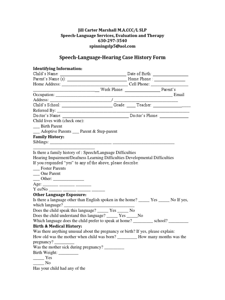 Initial Case History Form | Hearing Loss | Medical