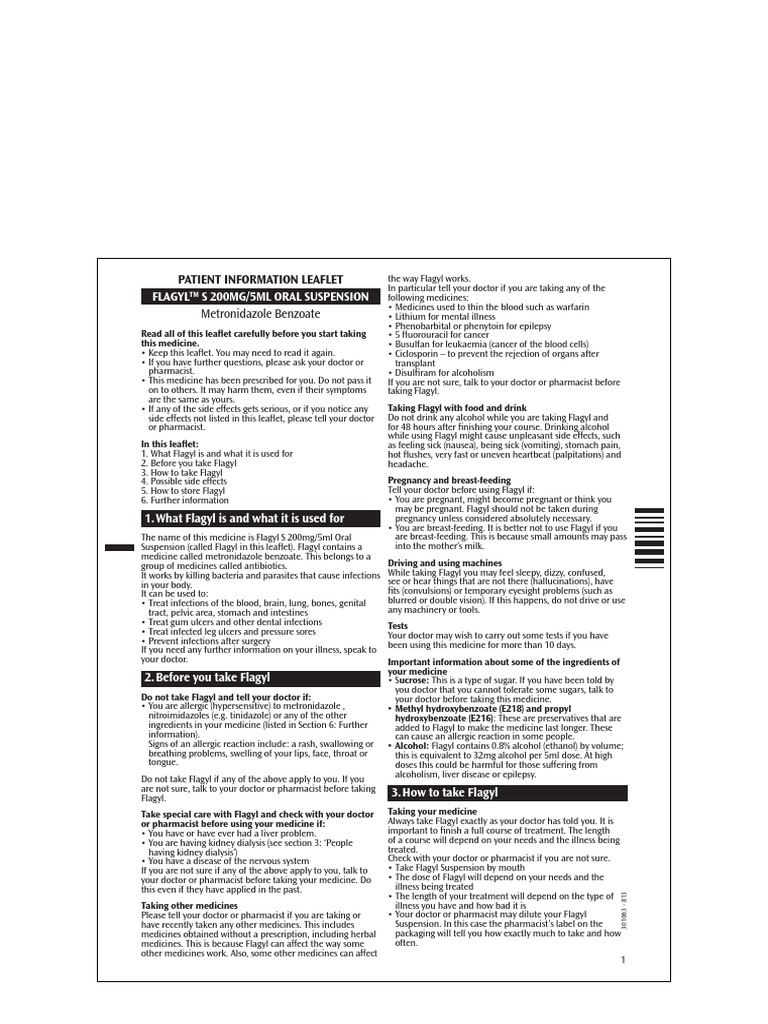 Patient Information Leaflet: Flagyl S 200Mg/5Ml Oral Suspension ...