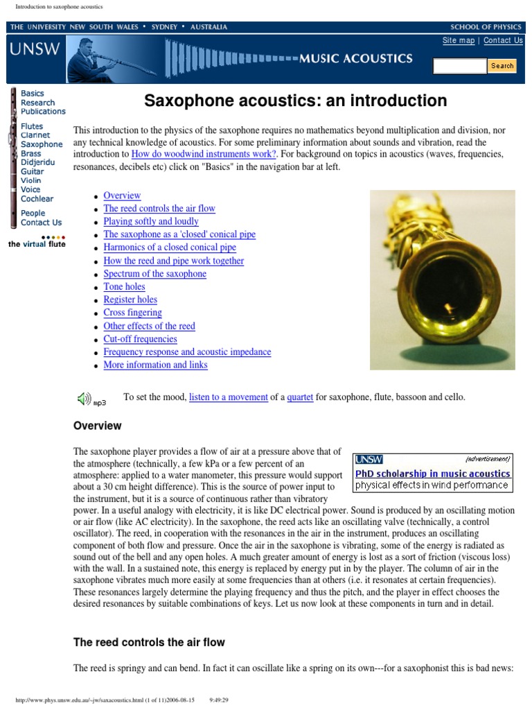 Introduction To Saxophone Acoustics | PDF | Saxophone | Resonance