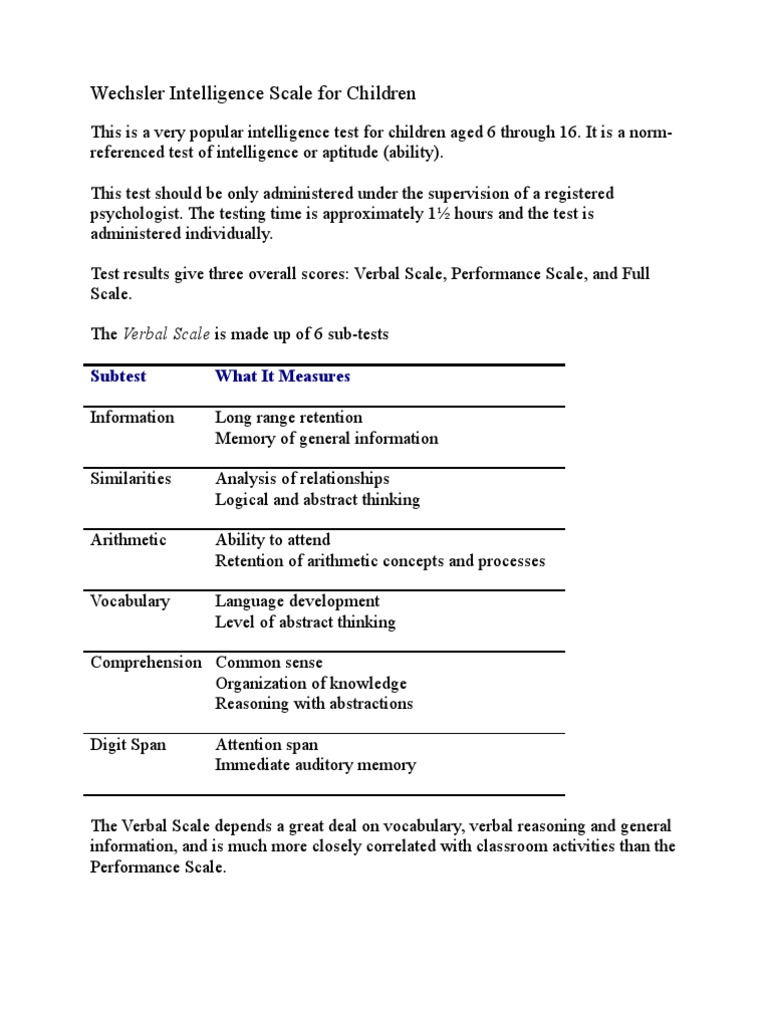 Wechsler Intelligence Scale For Children | PDF | Wechsler Adult ...