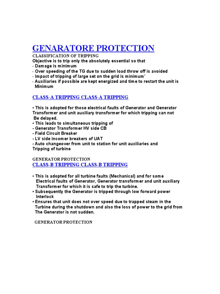 Genartor Protection Class A B C | PDF | Transformer | Relay