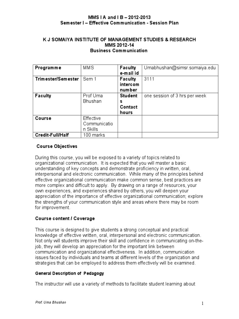 Effective Communication Course Plan 2012 | PDF | Cybernetics ...