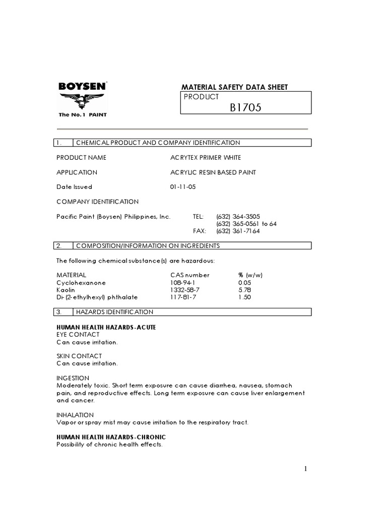 Boysen Acrytex Primer B1705 | PDF | Firefighting | Personal Protective ...