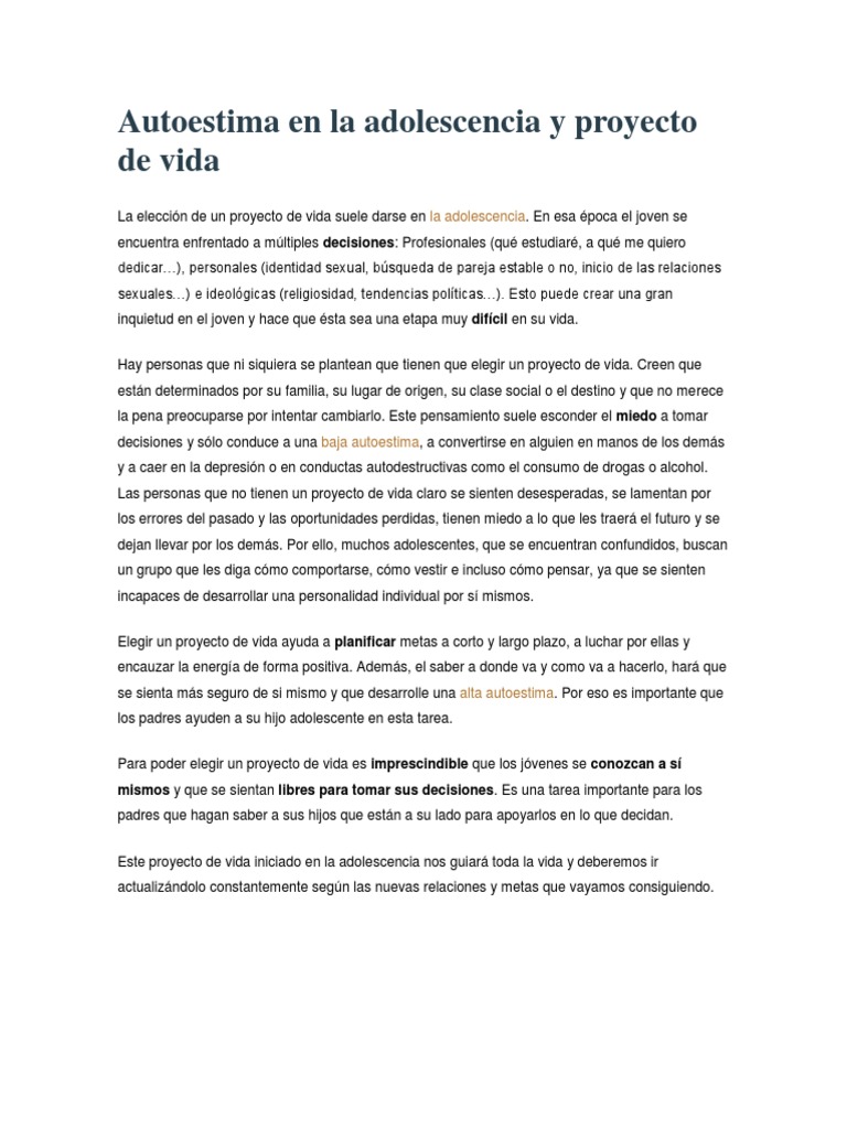 Autoestima Y Proyecto De Vida Adolescente Pdf Relaciones Personales