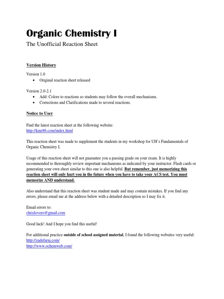 Organic Chemistry I Reaction Sheet | PDF | Alkene | Ether