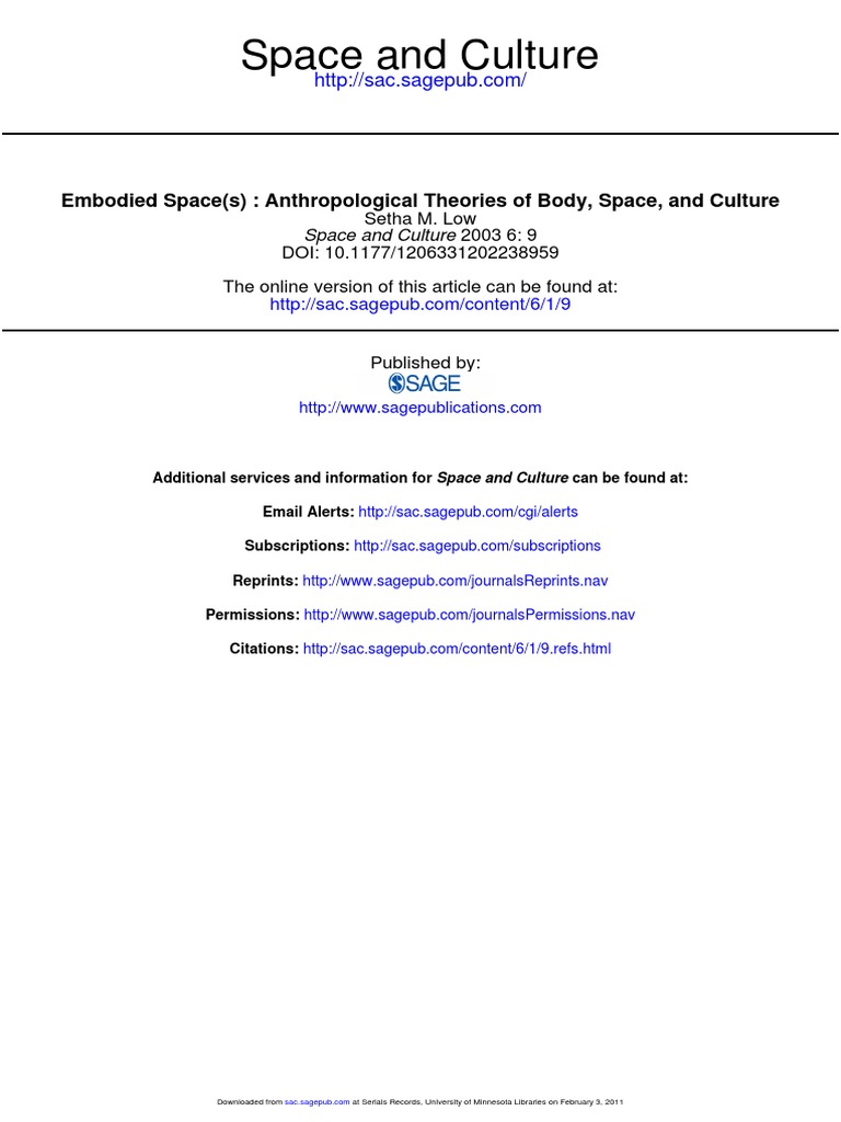 Setha Low 2003-Embodied Spaces | PDF | Space | Perception