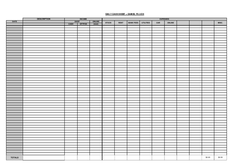Daily Cashsheet Overview for Daniel Fillios | PDF