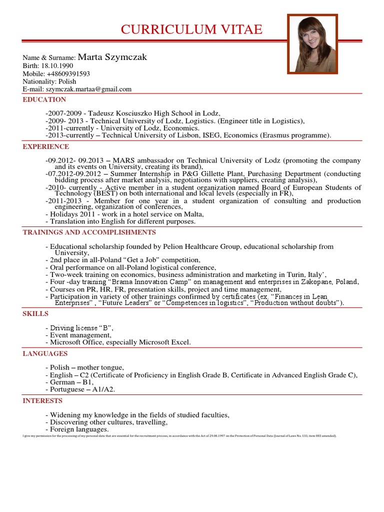 CV Marta Szymczak | PDF | Institute Of Technology | University