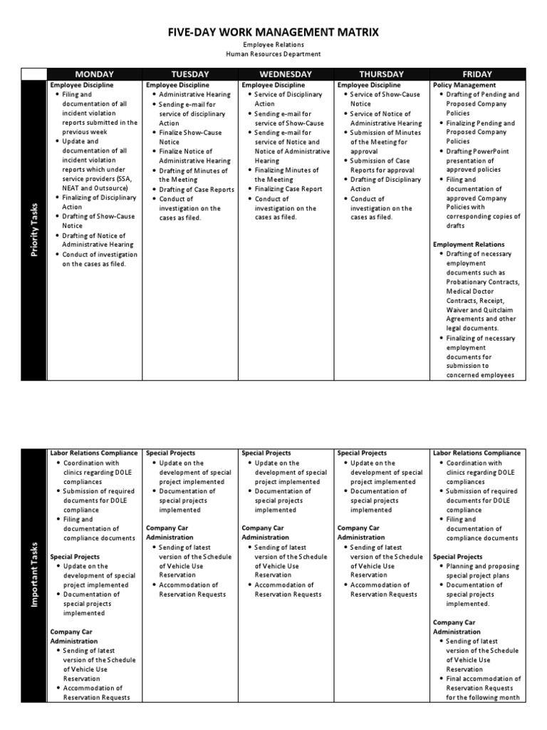 5-Day Work Management Matrix | PDF | Workweek And Weekend | Documentation
