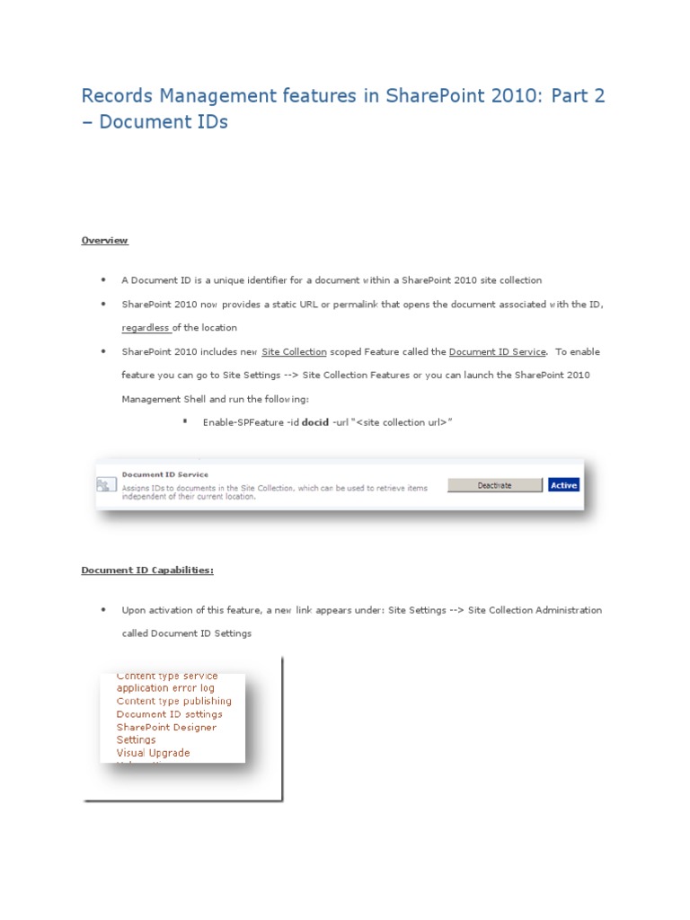 SharePoint 2010 Document ID Features | PDF | Share Point | Software