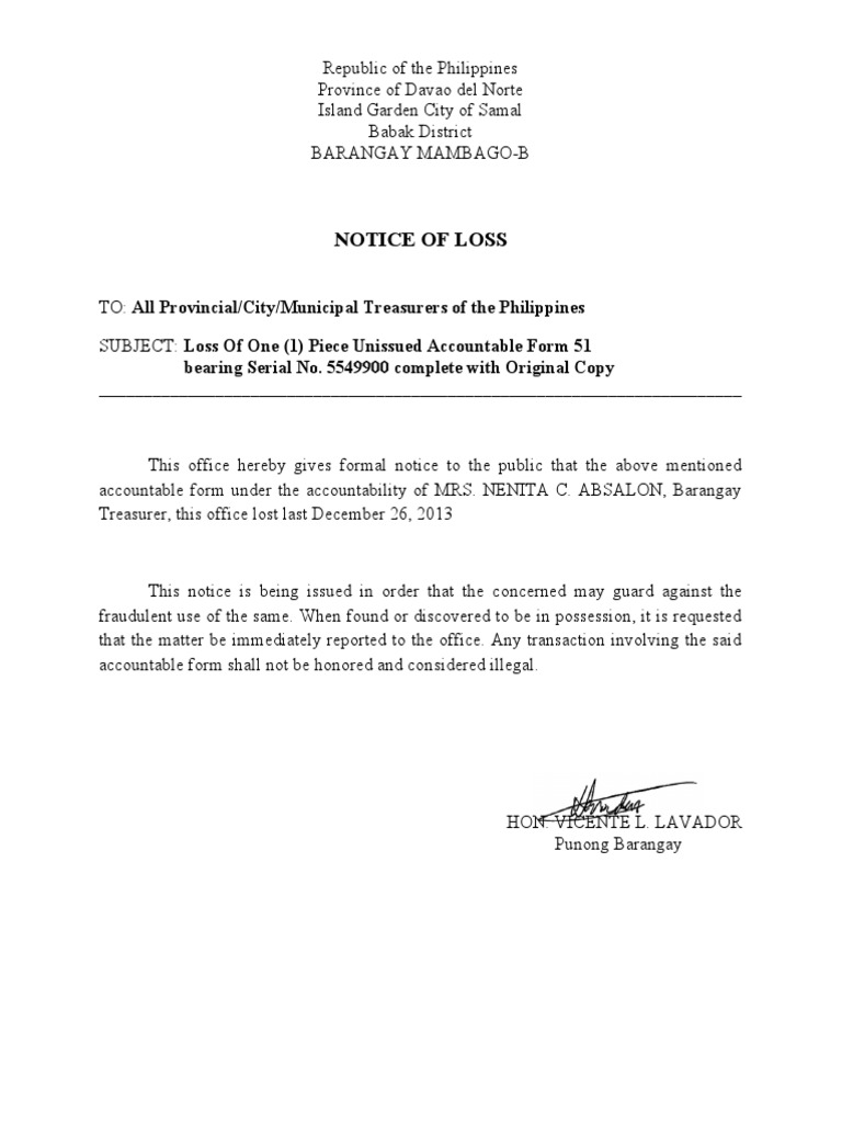 Notice of Lost Accountable Form | PDF