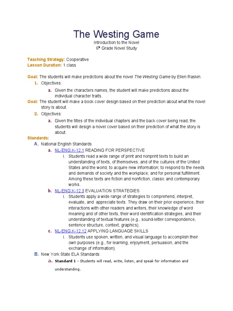 Westing Game Novel Study Introduction | PDF | Novels | Cognition