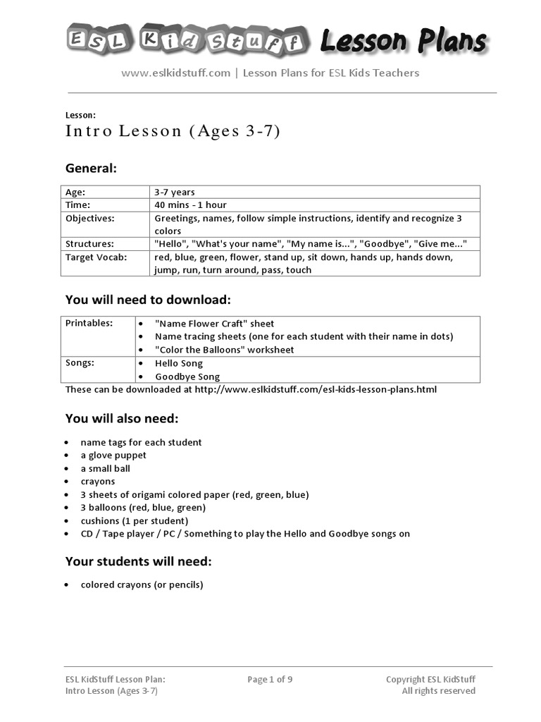 Intro Lesson Young Kids | PDF | Lesson Plan | English As A Second Or ...