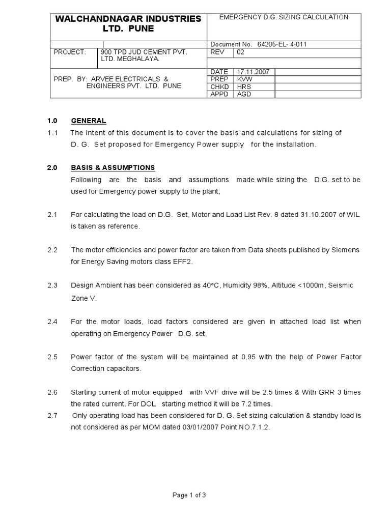 Emergency DG Set Sizing Calculation | PDF | Physical Universe ...