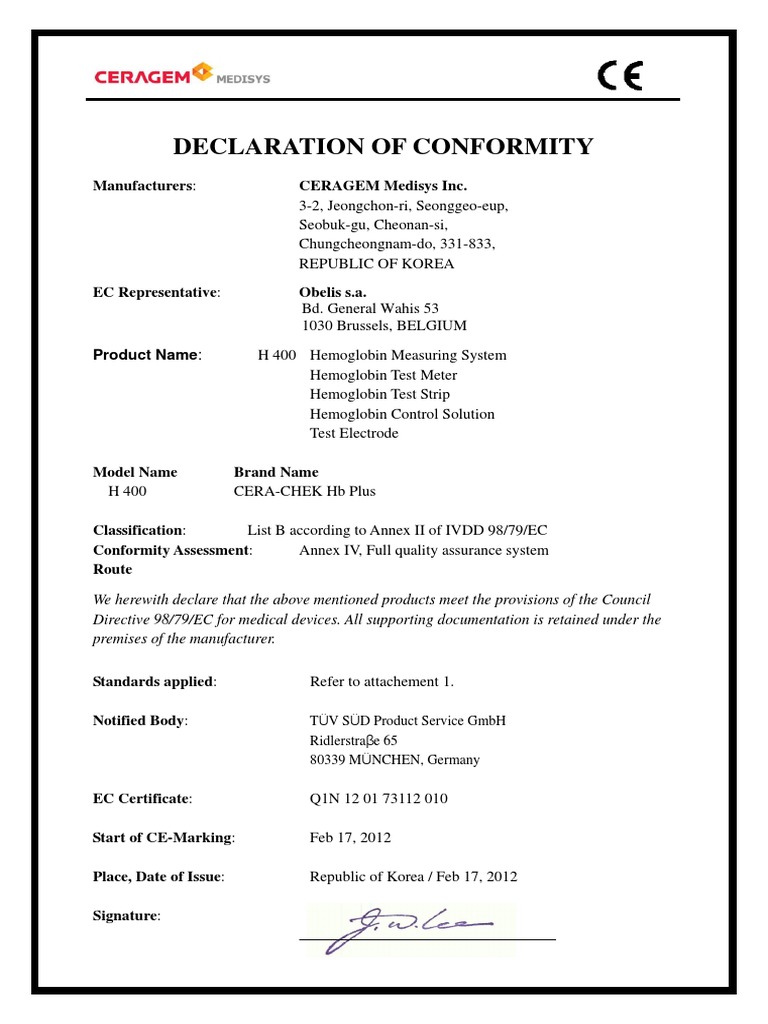 Declaration of Conformity - (H 400) - Rev.01 - 120305 | PDF | Medical Device | Electromagnetic ...