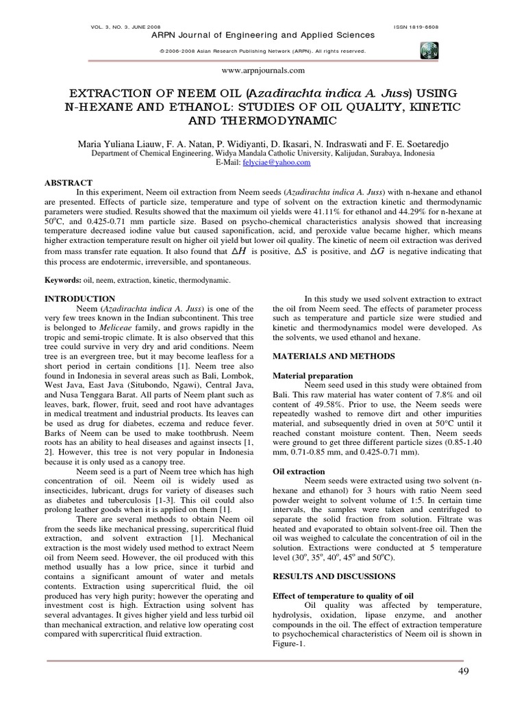 EXTRACTION OF NEEM OIL (Azadirachta Indica A. Juss) USING N-HEXANE AND ...