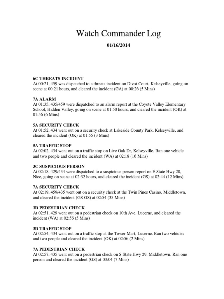 Police Incident Log: Kelseyville 01/16/14 | PDF | Traffic | Land Transport