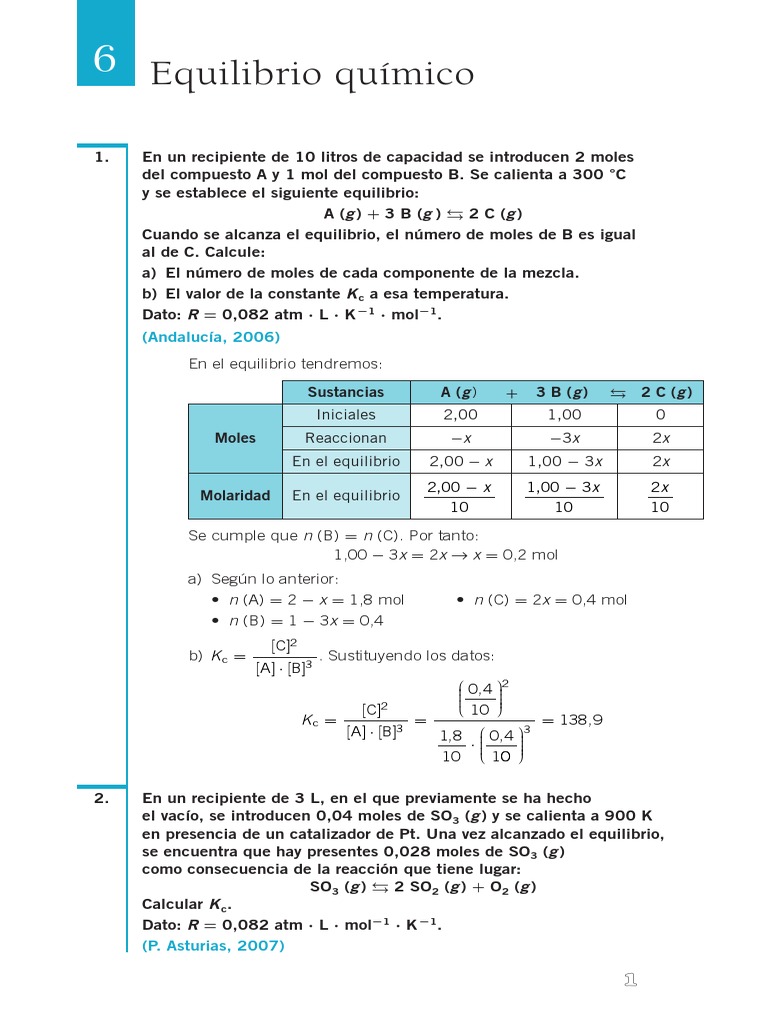 Quimica Ejercicios Resueltos Soluciones 2º Bachillerato Equilibrio Quimico | PDF