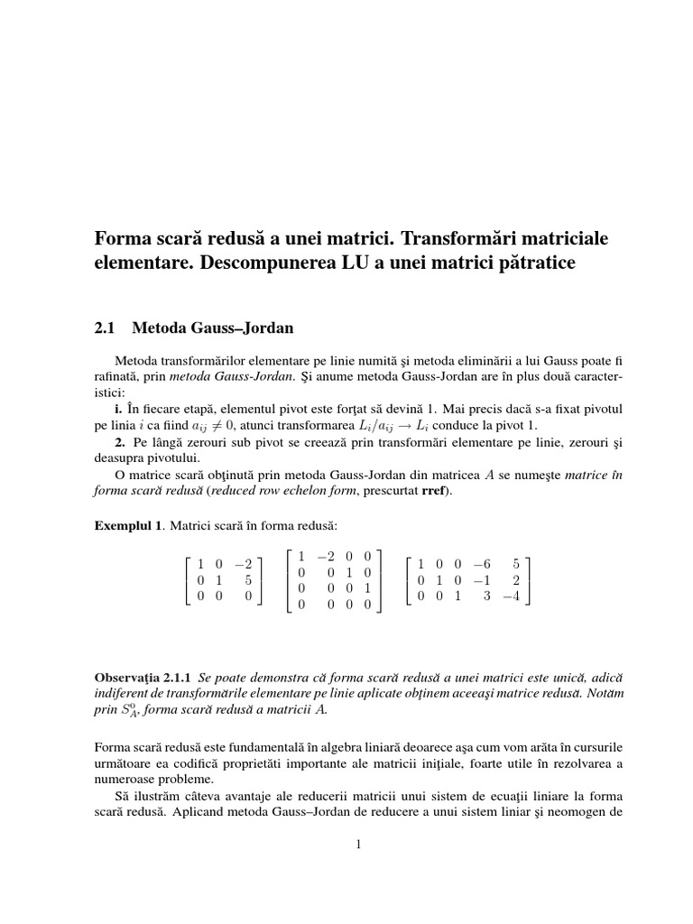 Forma Scara Redusa A Unei Matrici, Transformari Matriciale | PDF