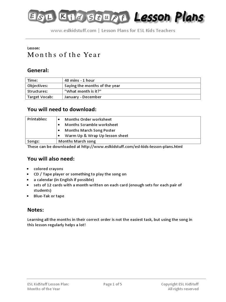 Months Lesson Plan | PDF | Lesson Plan | English As A Second Or Foreign ...
