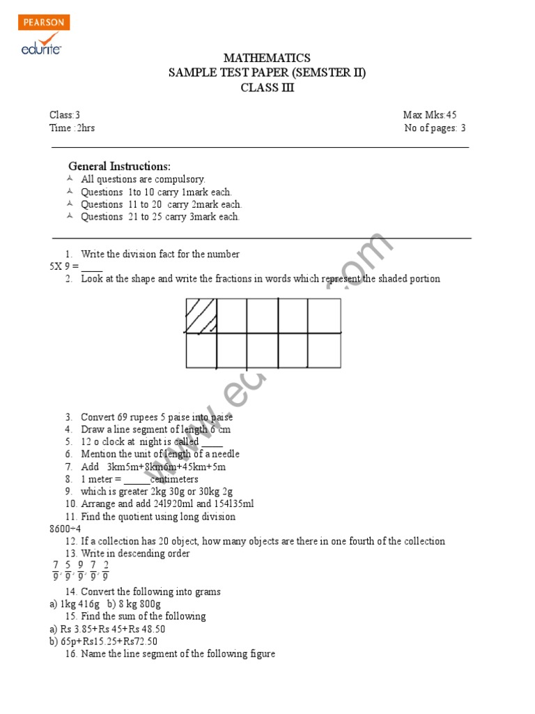 Cbse Class 3 Maths Sample Paper Term 2 Model 1 | PDF | Teaching ...