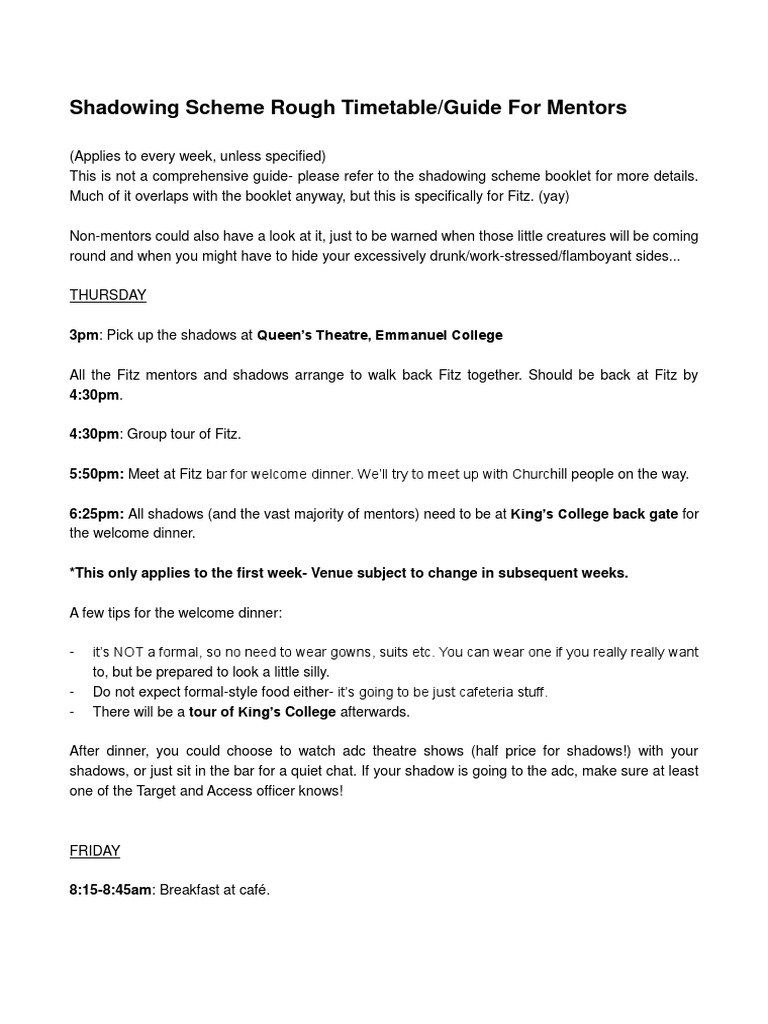Shadowing Scheme Rough Timetable/Guide For Mentors | Download Free PDF ...