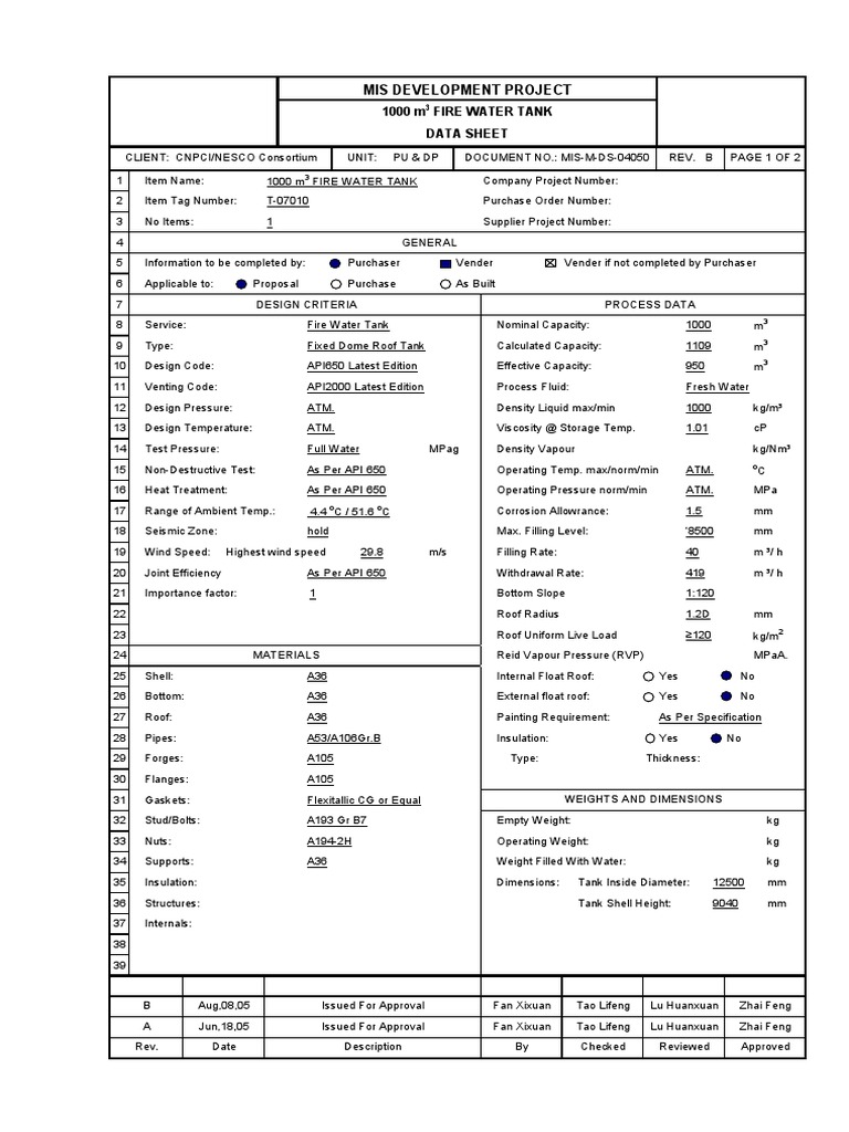 MIS-M-DS-04050 1000m3 Fire Water Tank Data Sheet (T-07010) - B | PDF ...