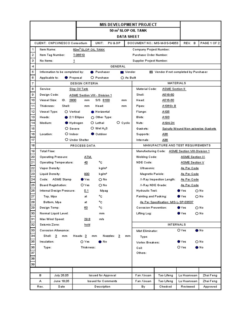 MIS-M-DS-04053 50m3 Slop Tank Data Sheet-B | Pipe (Fluid Conveyance ...