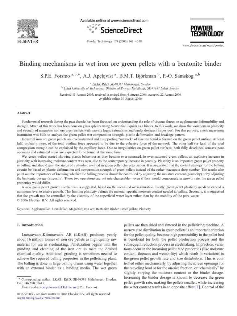 Binding Mechanisms in Wet Iron Ore Green Pellets With A Bentonite ...