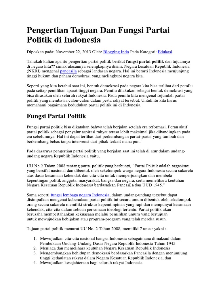 Pengertian Tujuan Dan Fungsi Partai Politik Di Indonesia | PDF | Politik