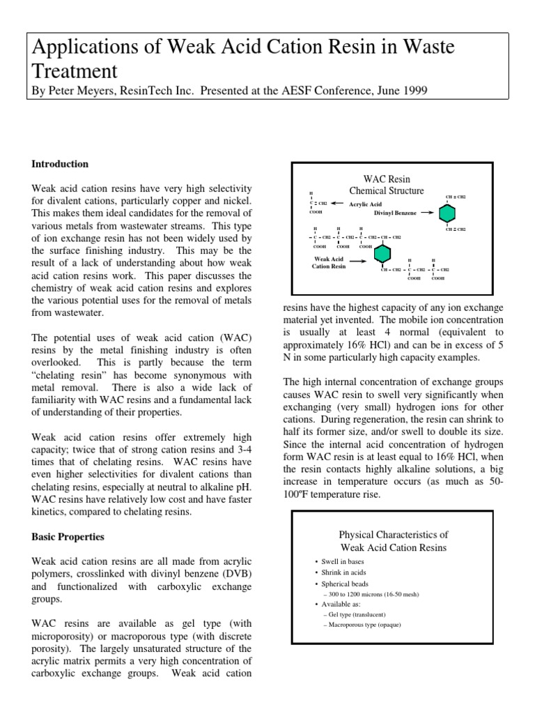 Weak Acid Cation Resin in Wastewater Treatment | PDF | Sulfuric Acid ...