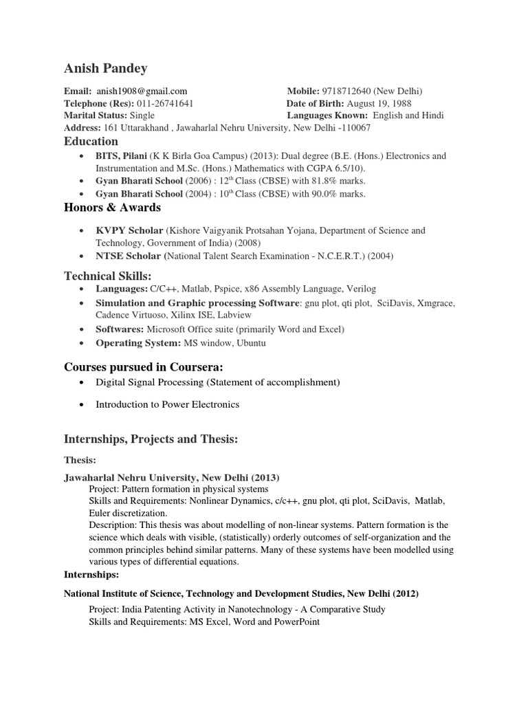 Anish Pandey Resume | PDF | Nonlinear System | Applied Mathematics