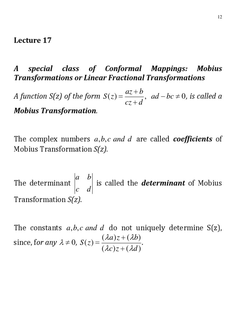 A Special Class of Conformal Mappings: Mobius Transformations or Linear ...