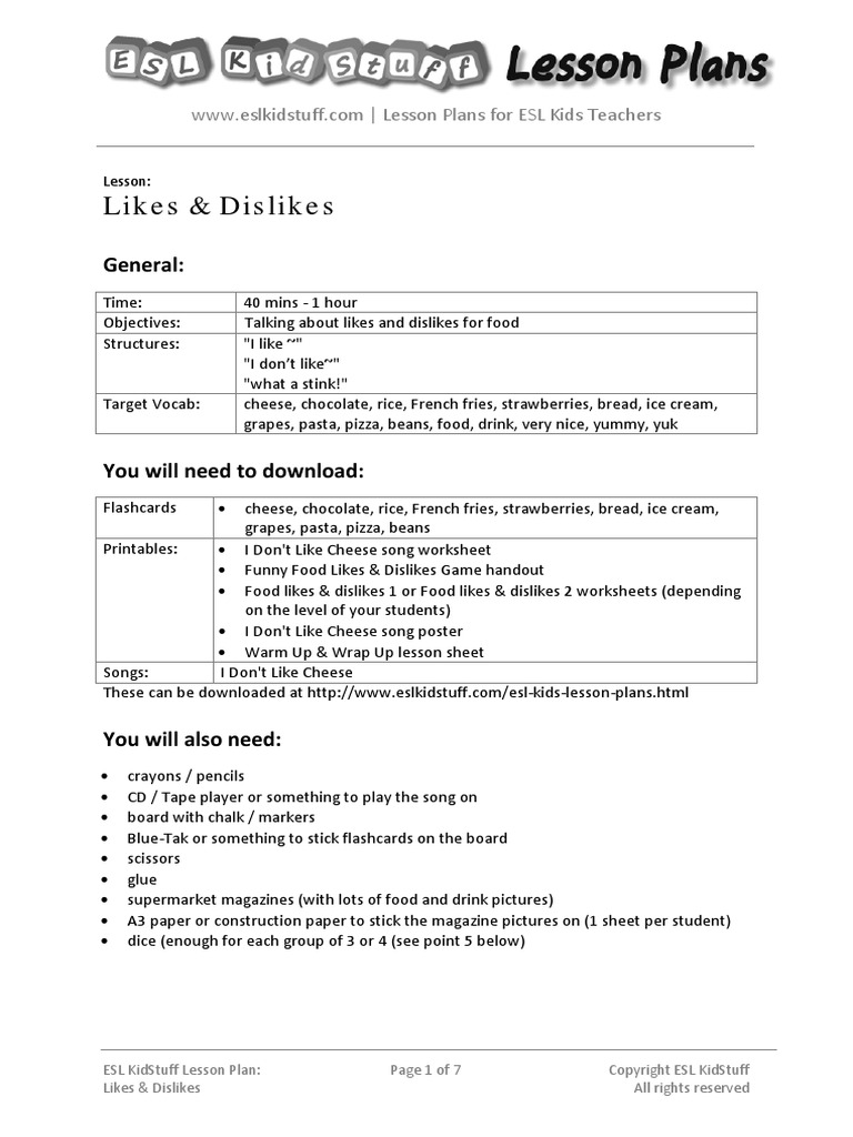 YOUNG LEARNERS Likes Dislikes Lesson Plan | PDF | Lesson Plan | English ...
