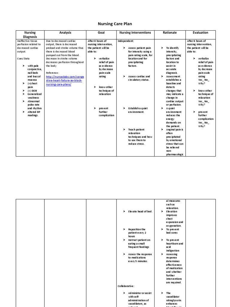 Ineffective Tissue Perfusion Plan | PDF | Angina Pectoris | Heart