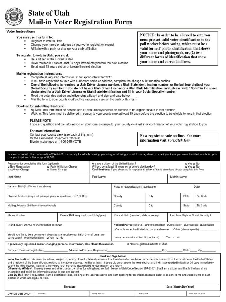 Voter Registration Form | PDF | Voter Registration | Utah