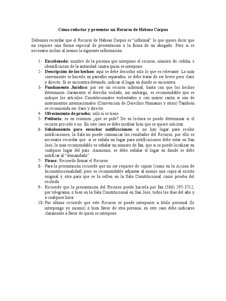 Como Redactar Y Presentar Un Recurso De Habeas Corpus Habeas Corpus
