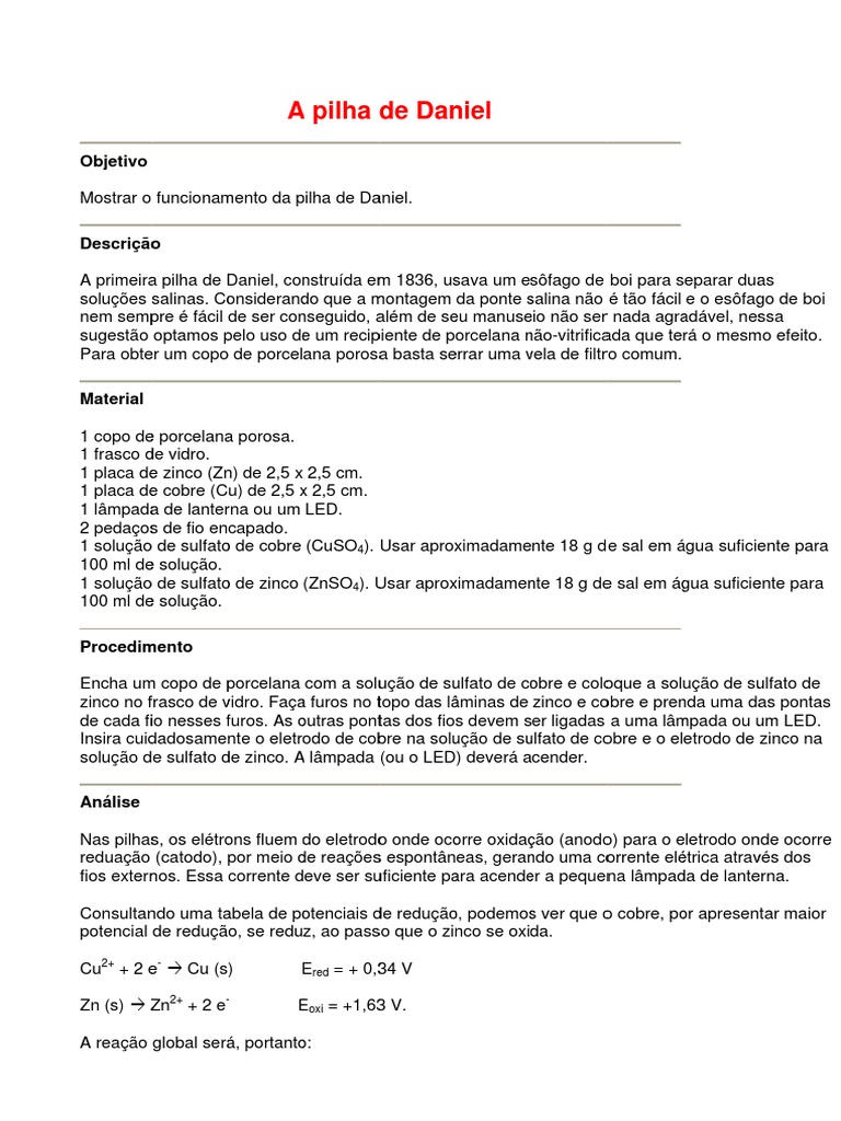 Pilha de Daniel: funcionamento e montagem | PDF | Química ...