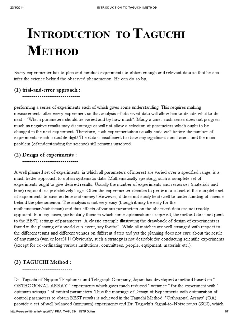 Introduction To Taguchi Method | PDF | Signal To Noise Ratio | Experiment