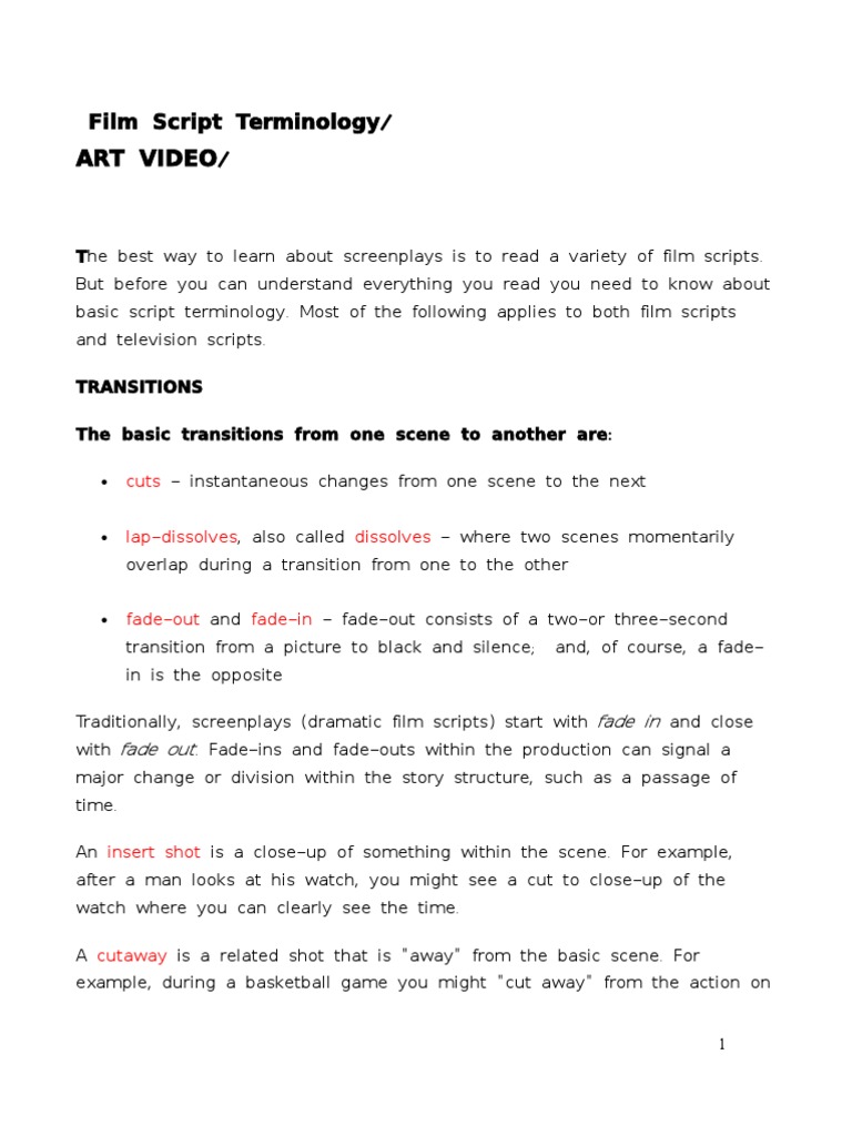 AS: Unit 1: Film Script Terminology | PDF | Screenplay | Close Up