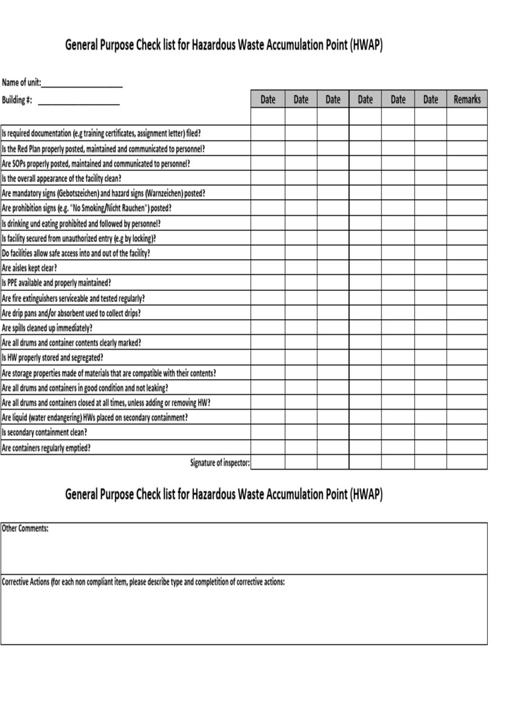 General Compliance Checklist for Hazardous Materials Storage and Work ...