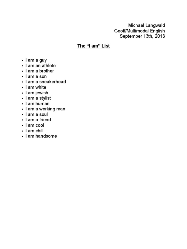 The "I Am" List | PDF | Language Arts & Discipline