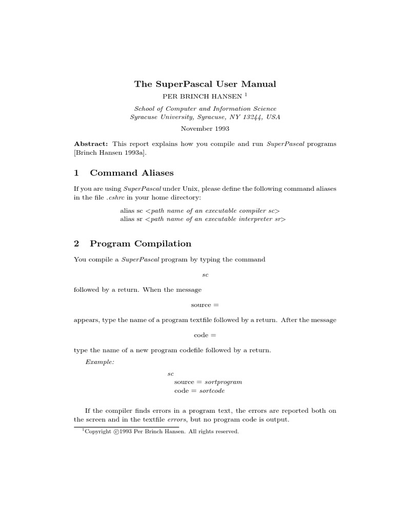 The Superpascal User Manual: 1993 Per Brinch Hansen. All Rights Reserved | PDF | Subroutine ...