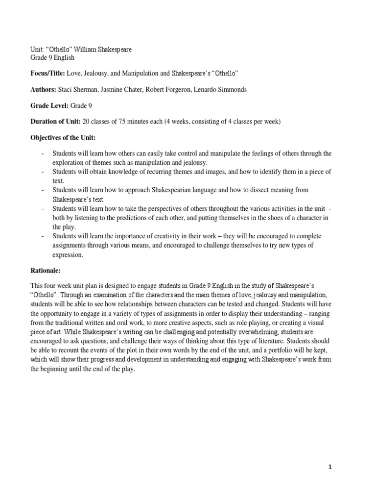 Othello Unit Plan Final | PDF | Iago | Othello