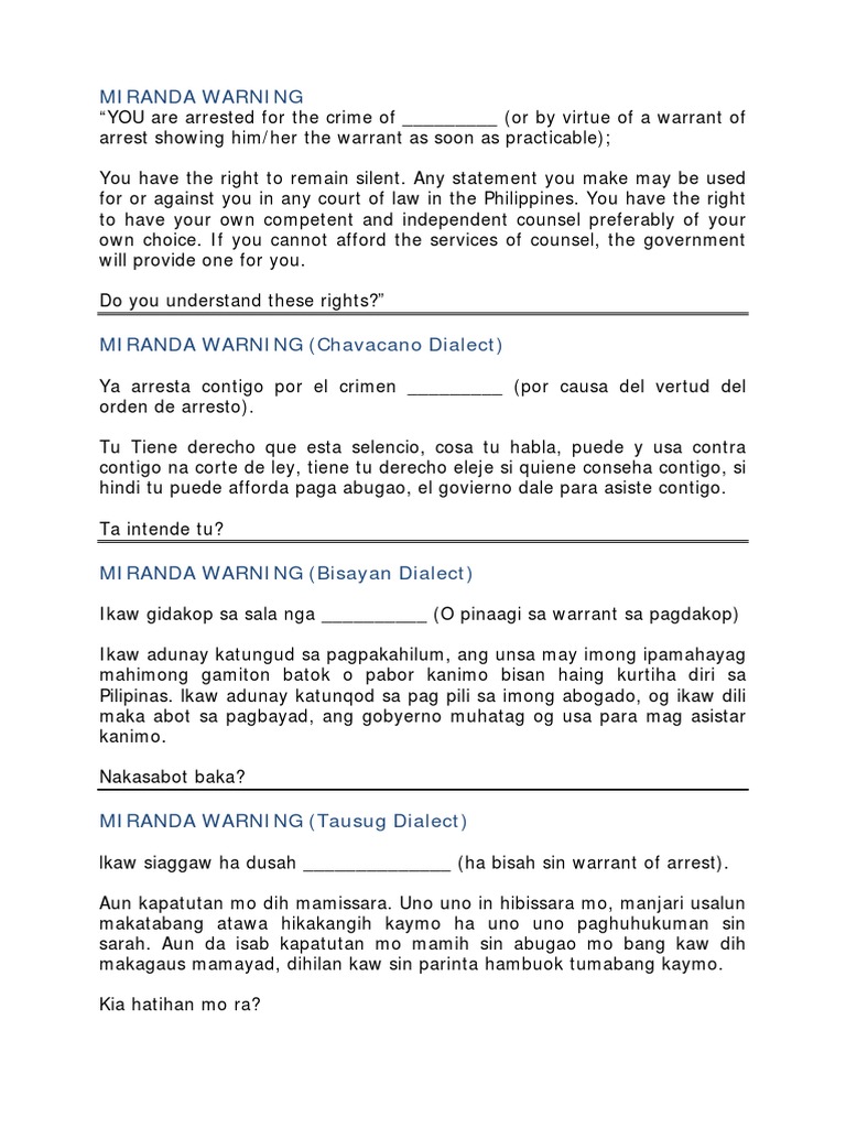 Miranda Warning Englishchavacanobisayantausug | PDF