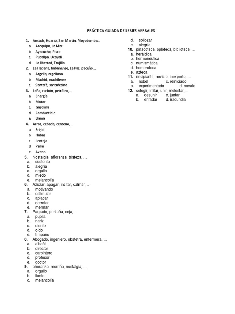 Práctica Guiada de Series Verbales | PDF